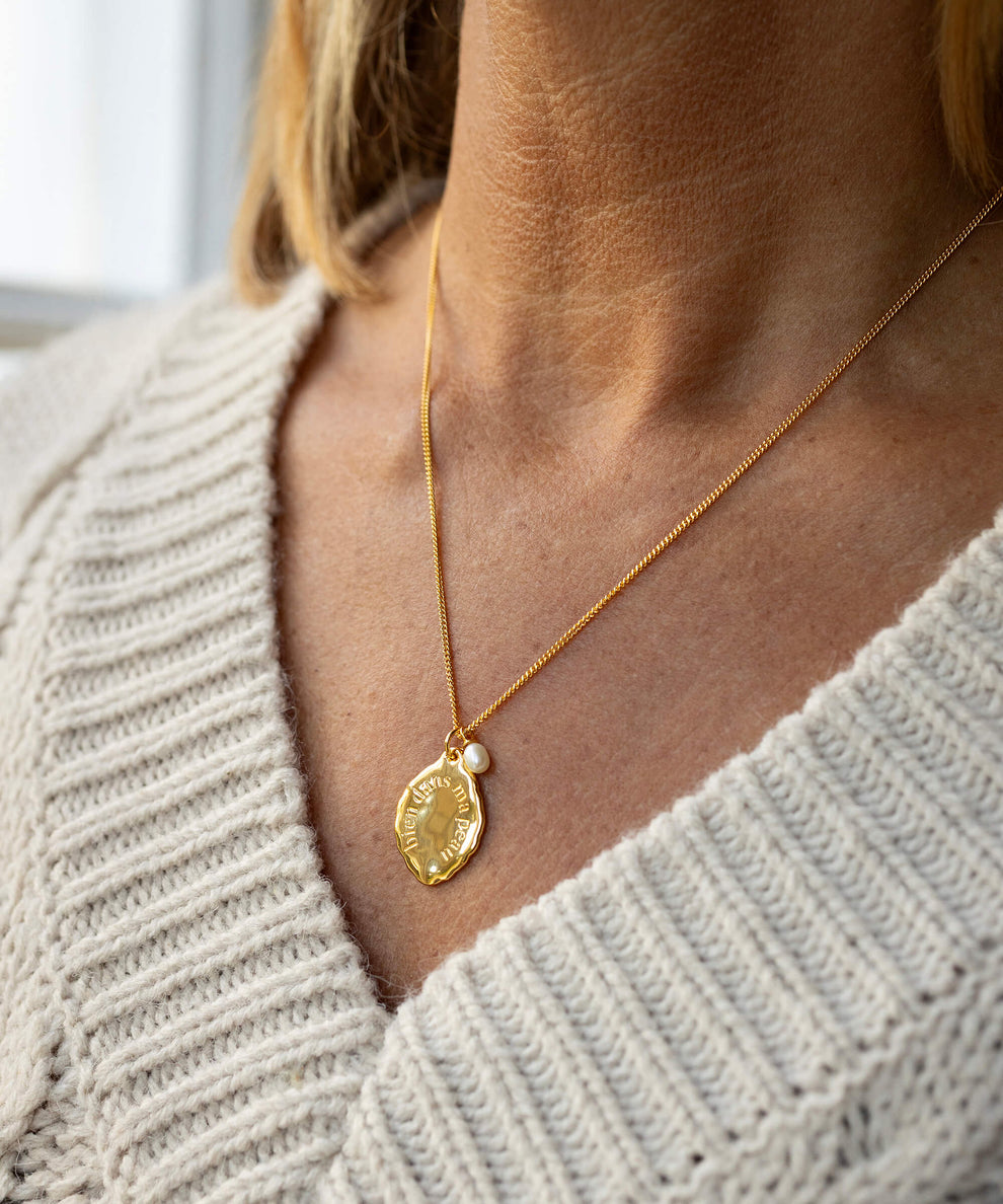 Midlifechic mantra necklace with single pearl charm, gold plate ...